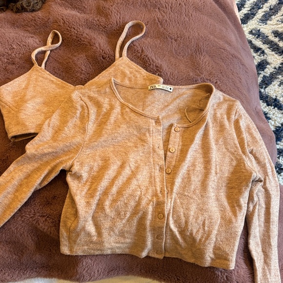 Zara | Sweaters | Zara Light Brown Knit Cardigan And Top Set | Poshmark